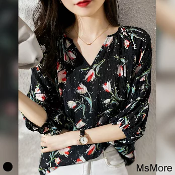 博客來-【MsMore】荷蘭鬱金香印花絲棉雪紡V領寬鬆上衣#107169-XL黑