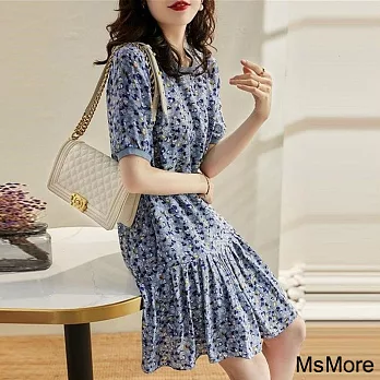 博客來-【MsMore】 法式碎花氣質天滑絲百褶裙擺洋裝# 113122 L 藍色