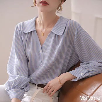 博客來-【MsMore】 法式藍色條紋七分袖V領襯衫寬鬆上衣# 113610 L 藍色