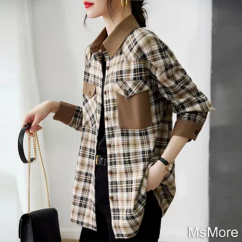 博客來-【MsMore】 文青格紋拼接寬鬆長袖襯衫中長版上衣# 113628 XL 咖色