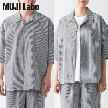 博客來-【MUJI 無印良品】MUJI Labo有機棉涼感水洗泡泡紗短袖襯衫 L-XL 黑直紋
