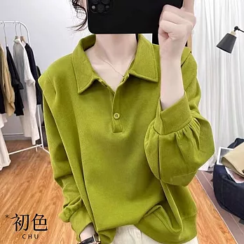 博客來-【初色】秋裝POLO領寬鬆襯衫燈籠長袖上衣-共4色-31566(M-2XL可選) 2XL 綠色