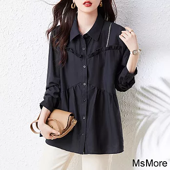 博客來-【MsMore】 Polo天絲感藏青色襯衫寬鬆時尚設計感長袖中長上衣# 120642 4XL 藏青色