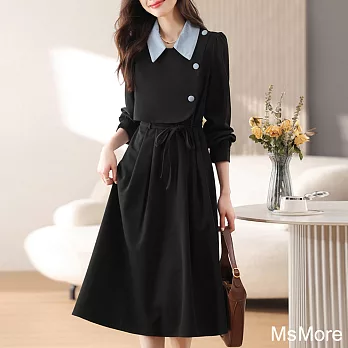 博客來-【MsMore】 蔚藍夜法式假兩件長袖長版洋裝# 123060 L 黑色
