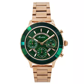 博客來-MEIBIN美賓 M1360 時尚典雅水鑽圈真三眼鐵帶淑女手錶 - 綠色