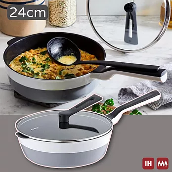 博客來-日本進口Remy Pan plus多功能萬用不沾深炒鍋 24cm 含強化玻璃鍋蓋/湯鍋/蒸鍋/油炸鍋 高貴白色