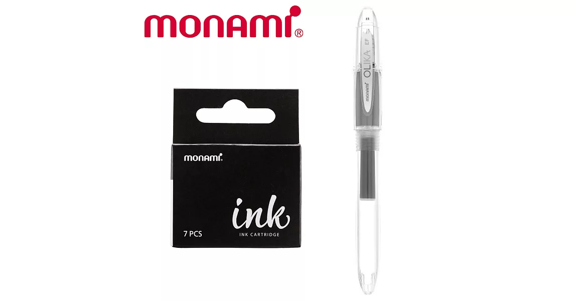 博客來-(組合包) MONAMI OLIKA EF 透明細字鋼筆+卡式墨水 黑