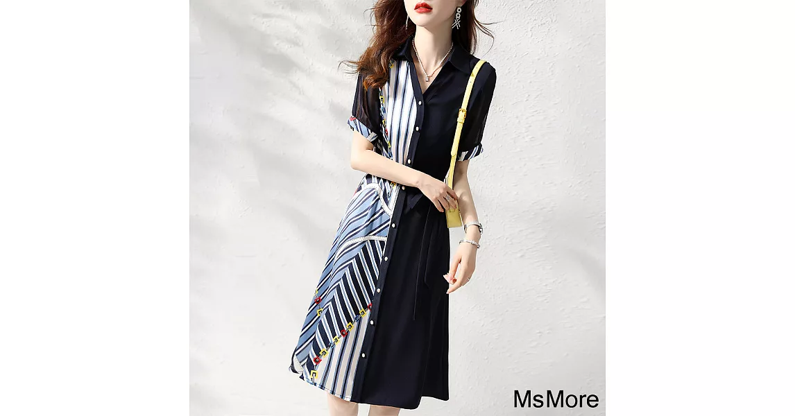 博客來-【MsMore】 時尚印花拼接V領氣質優雅連身裙顯瘦短袖長版洋裝# 116825 L 藏青