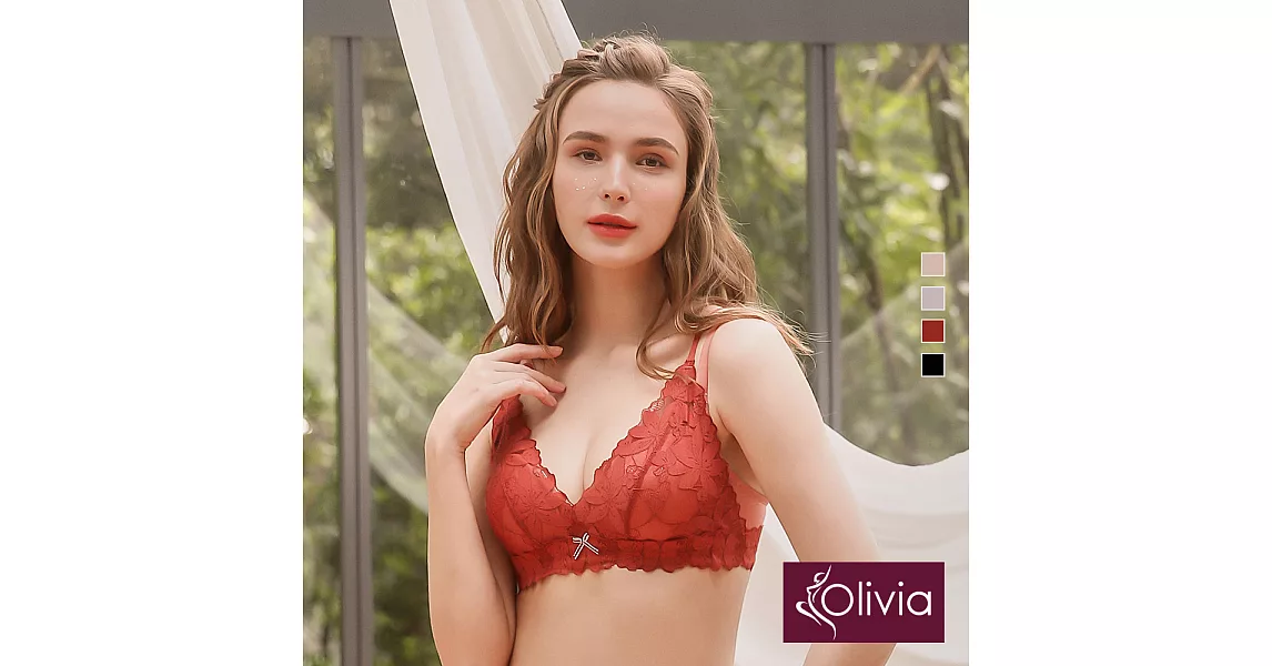 博客來-Olivia【舒冉系列-山茶花】無鋼圈花賞蕾絲集中內衣 36/80B 珊瑚紅