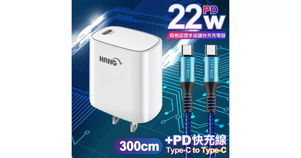 博客來-HANG C63 商檢認證PD 22W 快充充電器-白+勇固 Type-C to Type-C 100W耐彎折快充線-3米 灰線